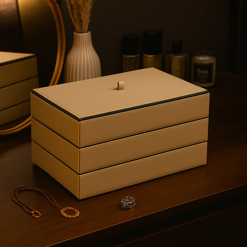 Beige Faux Leather Stack Tray Set of 3 with Lids - Premium Organization ...