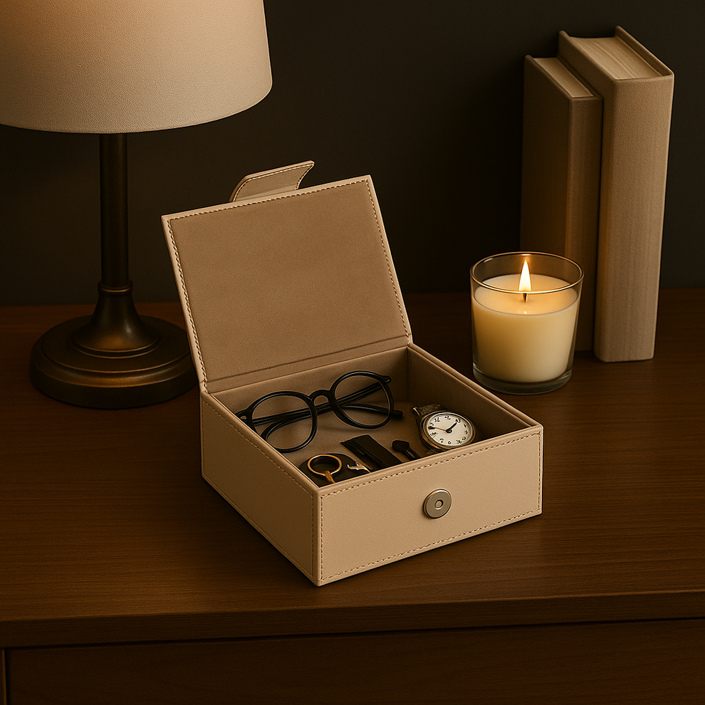 Beige Faux Leather Small Storage Box with Magnetic Lock - Premium ...